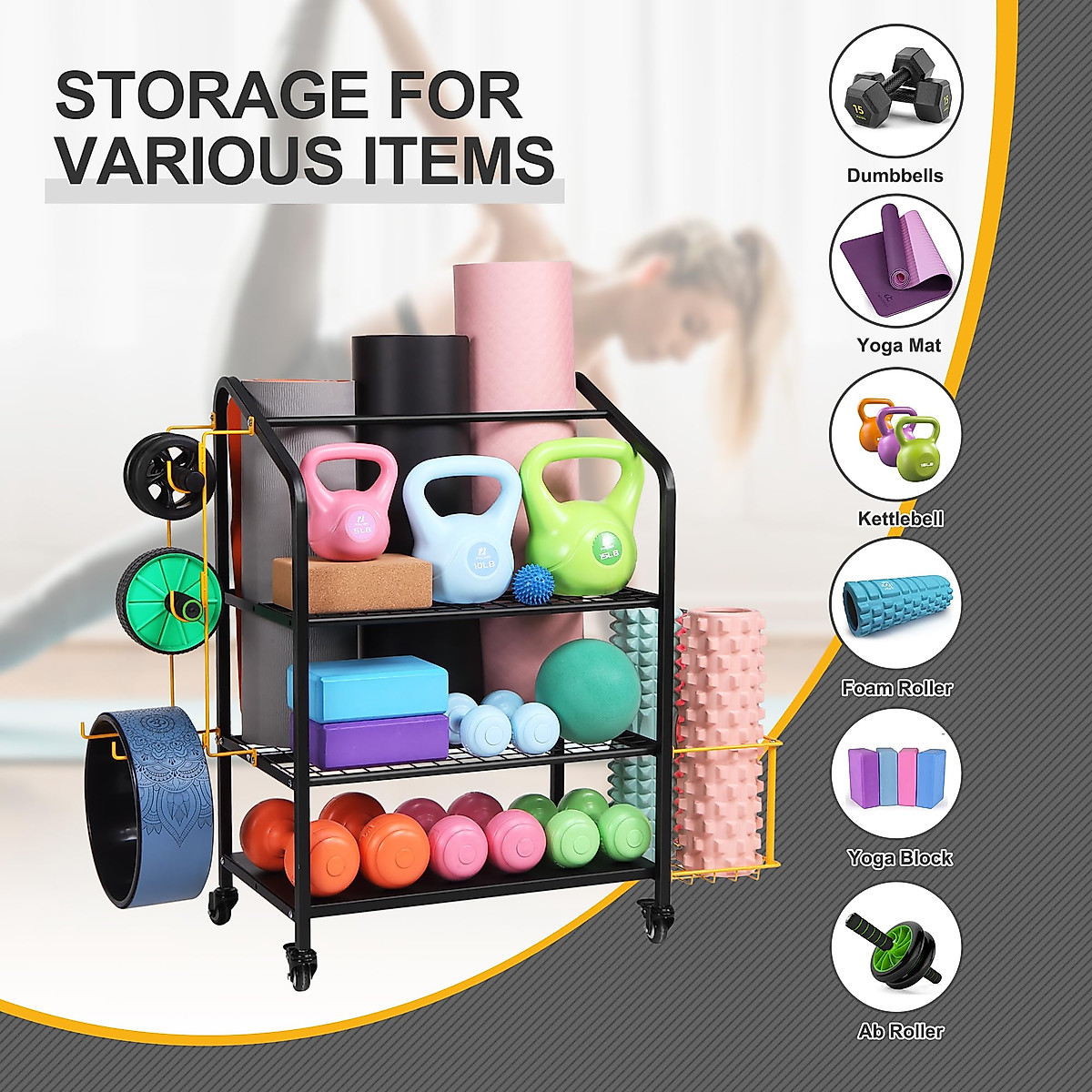 Vimexciter Dumbbell Rack, Training Equipment Storage Cart with Hooks and Wheels for Yoga Brick, Mat, Block, Roller, Dumbbell, Weight, Kettlebell, Resistance Band and More for Home Gym Workout