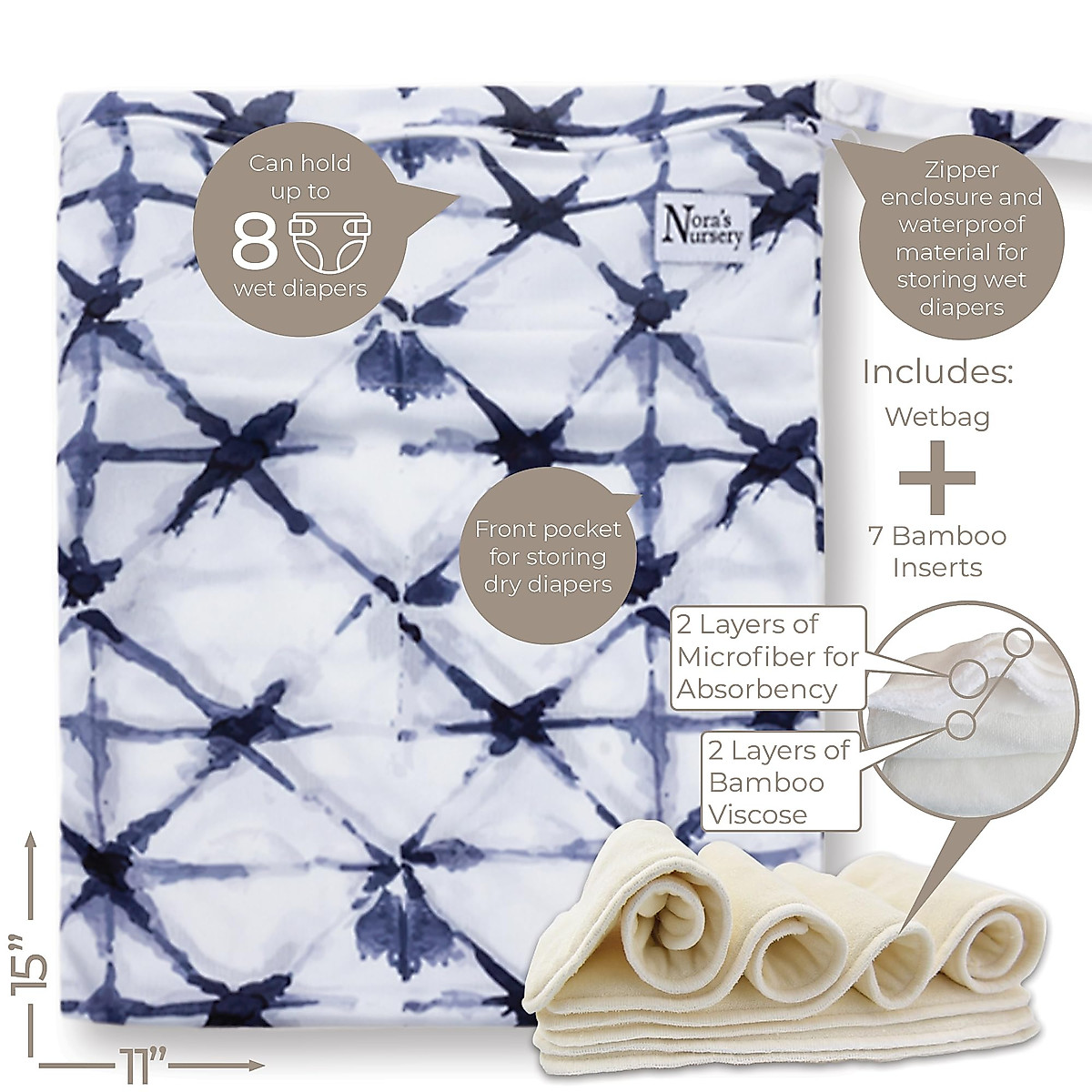 Harlow Baby Cloth Pocket Diapers 7 Pack, 7 Bamboo Inserts, 1 Wet Bag by Nora's Nursery