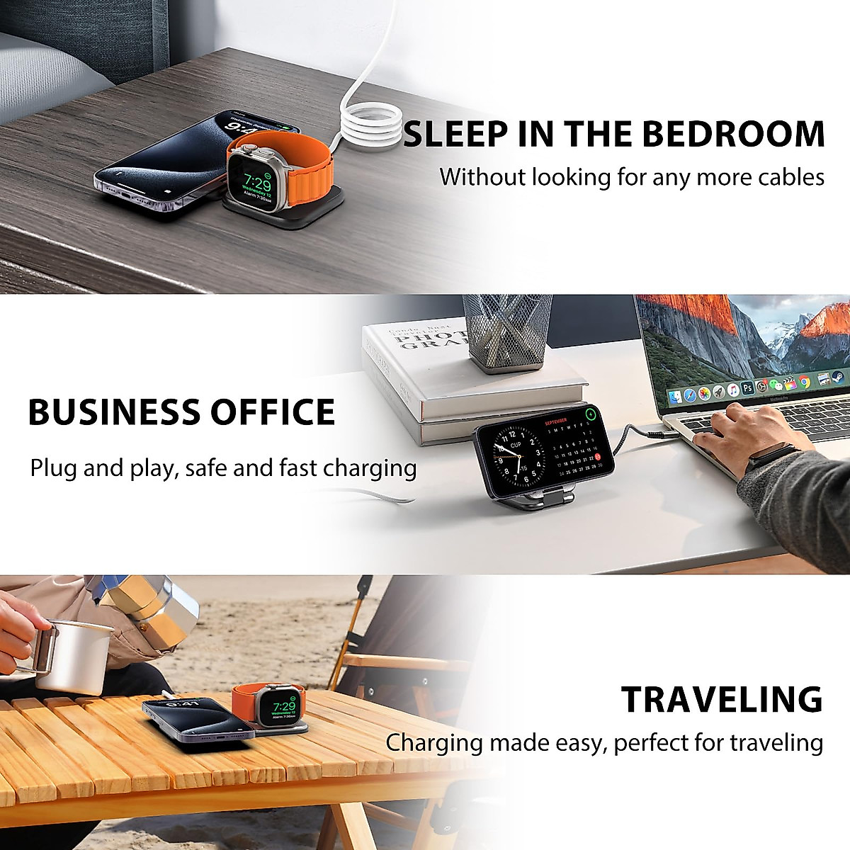 2 in 1 Foldable Mini Travel Wireless Charger Stand for Apple, KUXIU Aluminum Alloy Magnetic Charging Station Compatible with iPhone 15/14/13/12Pro/Max, 5W Fast Charging Watch 9/8/7/Ultra2, AirPods Pro