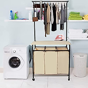 Laundry Sorter Cart with Ironing Board 3-Section Laundry Hamper and Hanging Bar Clothes Rack Heavy-Duty Rolling Laundry Cart with 3 Removable Bags