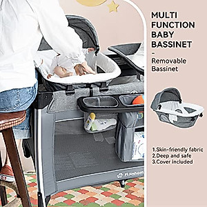 Fijinhom Baby Nursery Center Changing Table 3 in 1 Portable Crib Bedside Playard Foldable with Bassinet Diaper Table Toys Indoor