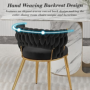 KCC Modern Velvet Dining Chairs Set of 2, Upholstered Living Room Chair with Woven Back and Golden Metal Legs, Mid-Century Accent Side Chair for Living Room, Dining Room, Kitchen, Black