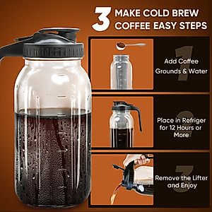 Cold Brew Coffee Maker Pitcher, 64oz Thick Glass Multipurpose Mason Pitcher Spout Lid with Wider Handle & Stainless Steel Filter for Iced Coffee, Lemonade, Ice Tea, Homemade Fruit Drinks, Black