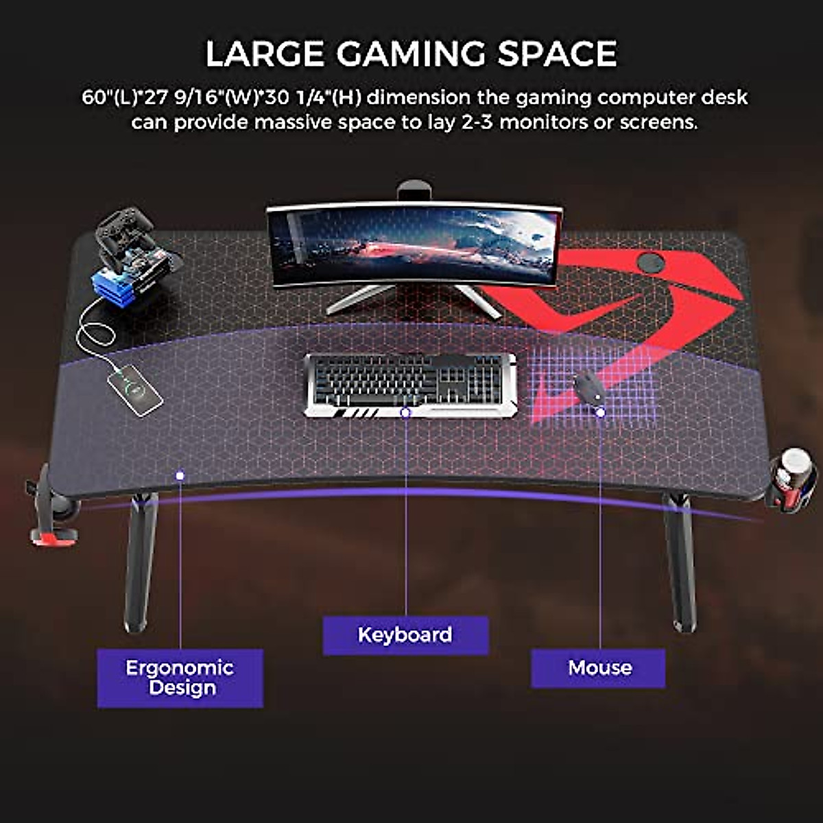 It's_Organized Gaming Desk, 60 Inch Computer Desk Carbon Fiber Surface Gamer Desk with Free Mouse pad, T-Shaped Professional Gaming Table with USB Gaming Rack, Cup Holder & Headphone Hooks, (Black)