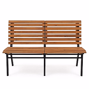 Verano Garden 54 Inches Outdoor Acacia Wood Bench, Oil Finished Armless Garden Bench with Slatted Seat & Steel Frame for Garden, Park, Porch, Yard, Deck (54.1" L×22.6" W×34.3" H)