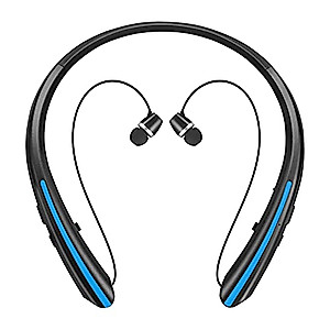 Bluetooth Headphones, Wireless Earbuds Retractable Neckband Headset Stereo Sweat-Proof Sports Earphones with Mic Fits iPhone 12/11/X/8, Android and Other Bluetooth Enabled Devices (Black Blue)