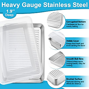 TeamFar Rectangular Cake Pan with Lid, 10.5 Inch Stainless Steel Small Baking Roasting Lasagna Cake Pan, Corrugated Bottom & Deep Side, Healthy & Heavy Duty, Dishwasher Safe - (1 Pan + 1 Lid)