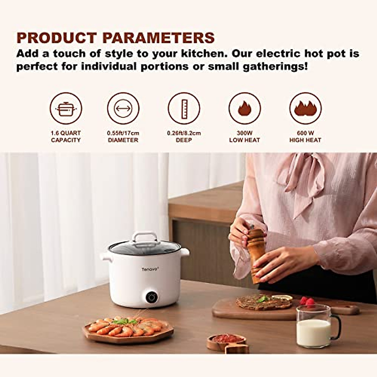 Tenavo Electric Hot Pot with Handle, 1.5L Mini Electric Cooker for Stir Fry, Noodles, Pasta, Nonstick Frying Pan for Sauté, Dual Power Control Ramen Cooker for Dorm and Office