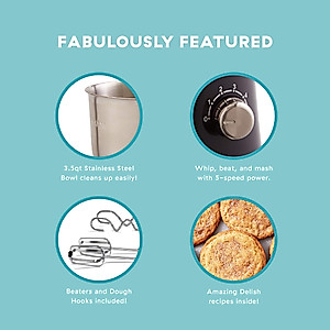 DASH Delish by DASH Compact Stand Mixer, 3.5 Quart with Beaters & Dough Hooks Included - Black