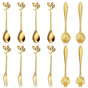 12PCS Leaf Flower Coffee Spoon Set, FULANDL Stainless Steel Tea Spoon Dessert Demitasse Espresso Spoons and Forks, Reusable Tableware Stirring Spoon Ice Cream Spoon for Coffee, Tea, Cake (Gold)