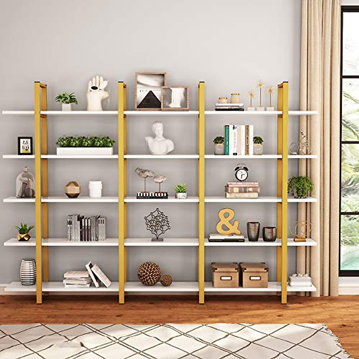 Tribesigns 5-Tier Bookshelf, Vintage Industrial Style Bookcase 70 ‘’ H x 12’’ W x 47’’L, Gold