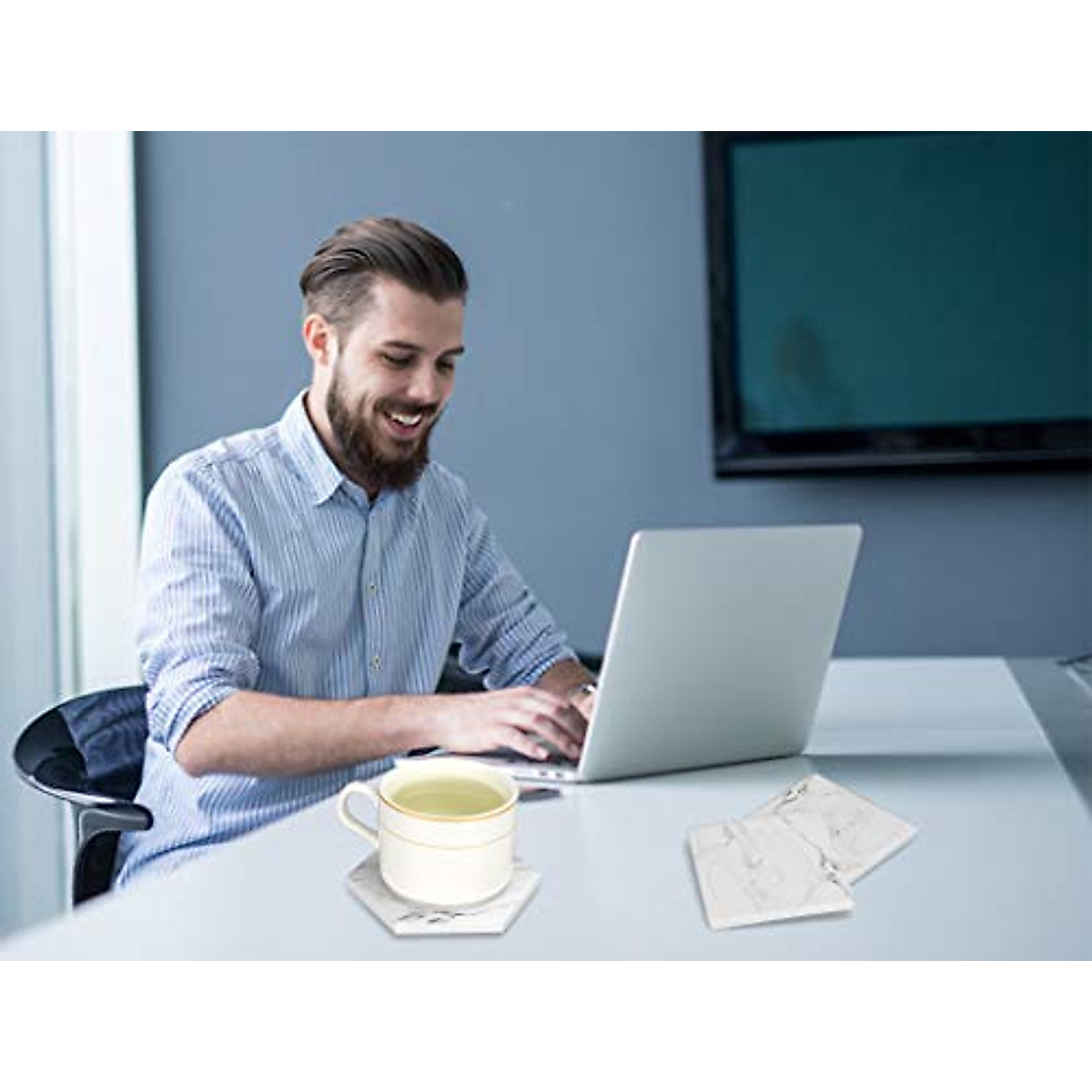 6 pcs White Marble Coasters for Coffee Table Drink Absorbent Coasters with Holder Hexagon Stone Cup Coaster Set Thirstystone Coasters Ceramic Bar Coasters