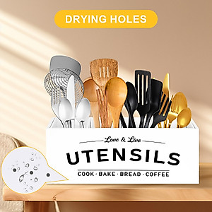 AiMQnLe Extra Large Utensil Holder - 4 Compartments Kitchen Utnesil Organizer, Wooden Cooking Utensil Crock for Kitchen Countertop, Kitchen Counter Decor (White