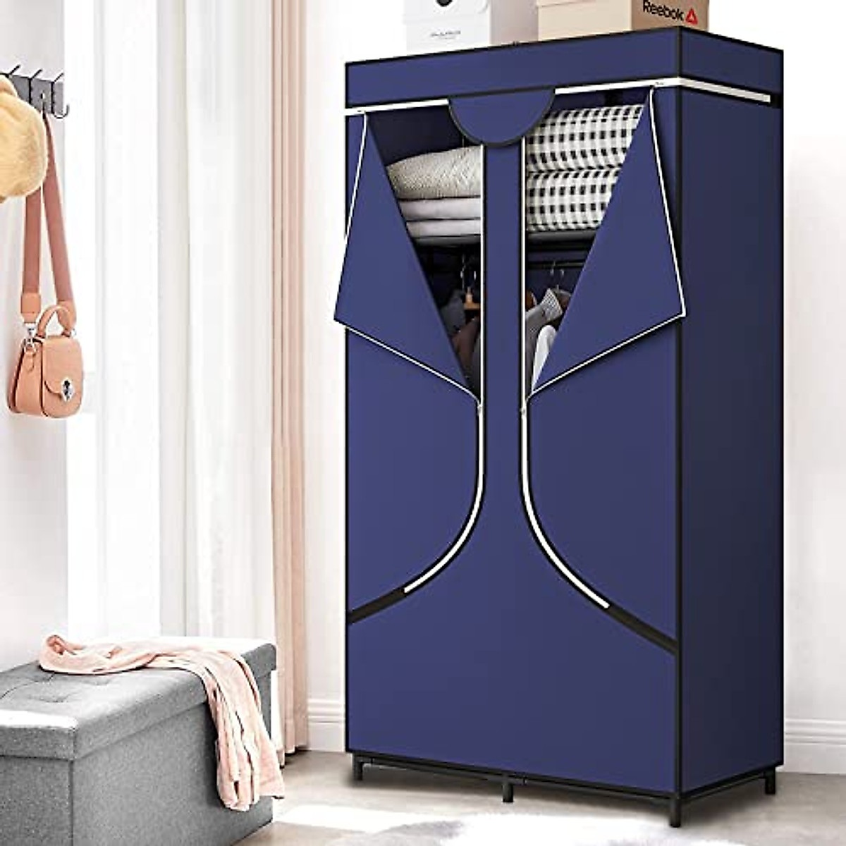 YIZAIJIA Portable Wardrobe Closet Clothing Organizer with Dustproof Non-Woven Fabric 34 Inch Clothes Hanging Rack for Bedroom (34 Inch, Blue)