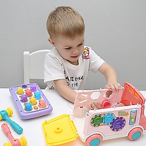 Music Activity Bus Baby Toy, Infant Education Learn Car, Sound & Light, Interactive Game, Shape Sorter, Animal Matching, Holiday Birthday Present for Toddler Kid Boy Girl 3 4 5 6 7 Years (Pink)