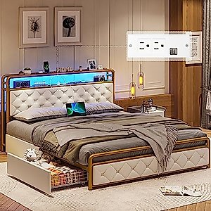 ADORNEVE LED Bed Frame Full with Storage Headboard,Full Size Platform Bed Frame with Charging Station,Bed Frame with Drawers,Velvet Tufted Headboard,Noise-Free,Creamy White & Gold