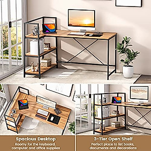 Tangkula Reversible L-Shaped Computer Desk, Space Saving Corner Desk with 3-Tier Storage Shelves & Metal Frame, Modern Executive Home Office Desk, PC Laptop Desk Workstation for Small Space (Walnut)