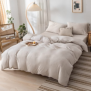 DONEUS Jersey Knit Duvet Cover Set 100% T-Shirt Cotton Super Soft Breathable Comfy Natural Bedding Set 3 Piece with Zipper Closure, Solid Beige King 104x90 Inches
