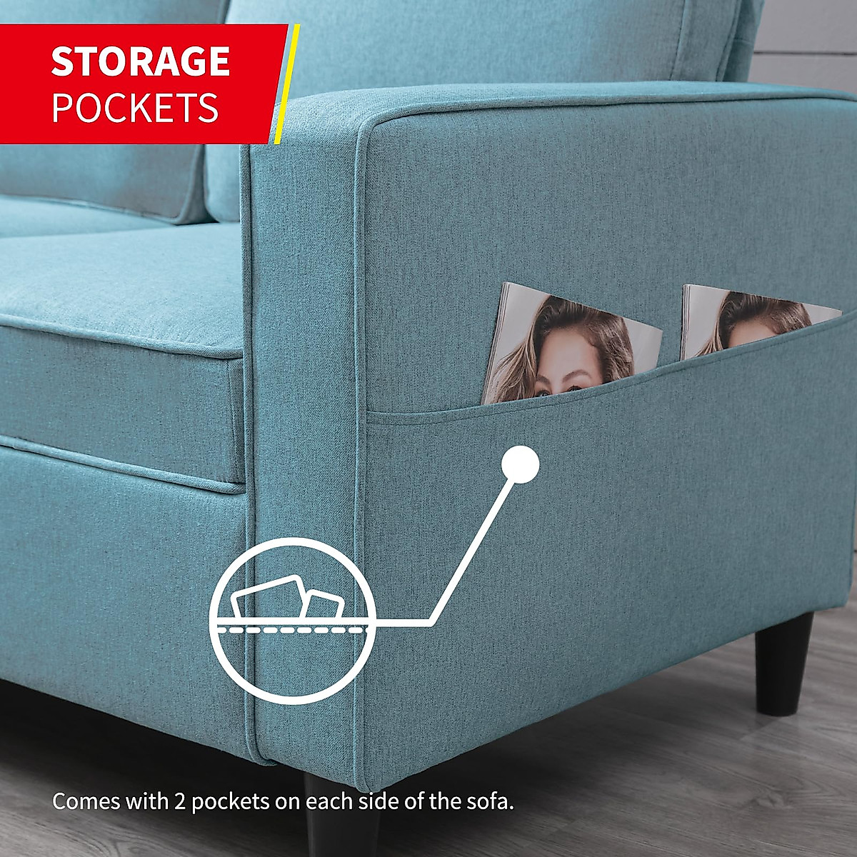 PUREMIND Modular Sectional Sofa Couch for Living Room, 78" 3-Seat Convertible Sofa with Storage Ottoman, Modern Linen Fabric L-Shaped Couch for Small Spaces, Bedroom, Apartment (Blue)