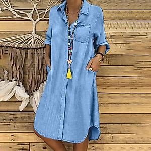 JUXINPIJU Denim Dress for Women with Pockets Short Sleeve Loose Babydoll Denim Shirt Dresses for Women