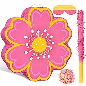 Aoriher Daisy Flower Piñata Set Include Bat Blindfold Confetti Tassel Flower Piñata Daisy Hippie Boho Piñata for Birthday Baby Shower Gender Reveal Wedding Floral Party Supplies(Pink Flower)