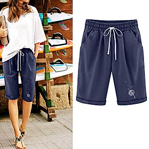 Long Swim Shorts for Women Womens Cotton Linen Shorts Drawstring Mid-Rise Shorts Summer Casual Shorts Knee Length Drawstring Pocket Shorts Pants Navy XL