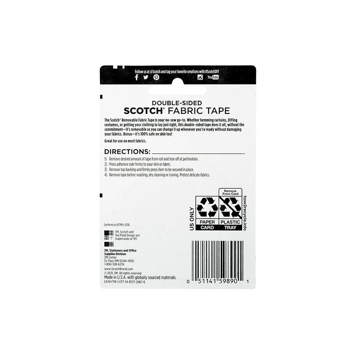 Scotch Removable Fabric Tape, 3/4 in x 180 in, 1/Pack, Removable and Double Sided (FTR-1-CFT)