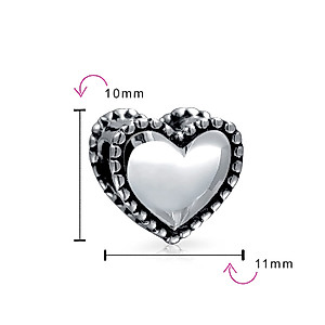 Personalized Monogram Alphabet Initial Milgrain Edge Heart Shape Charm Bead For Women Teen Oxidized .925 Sterling Silver Fits European Bracelet