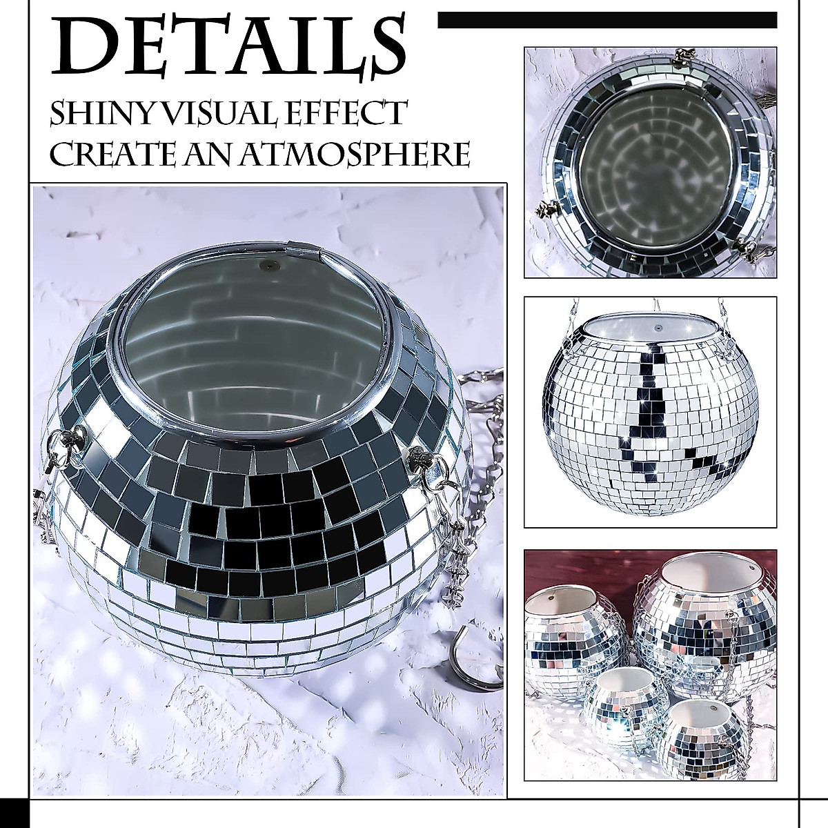 4 Set Disco Ball Planter Disco Ball Hanging Planter with Extra Long Chain Silver Disco Ball Hanger Planter Disco Ball Vase Boho Decor for Home Room Patio Decoration Gift (8", 6", 2 Pcs 4")