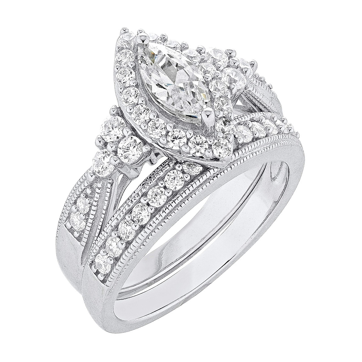 .925 Sterling Silver Cubic Zirconia Marqise Halo Milgrain Engagement Ring with Half-Eternity Wedding Band Bridal Set - Size 7