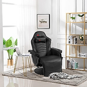 POWERSTONE Gaming Recliner Massage Gaming Chair with Footrest Ergonomic PU Leather Single Sofa with Cup Holder Headrest and Side Pouch, Adjustable Living Room Chair Seating, Black