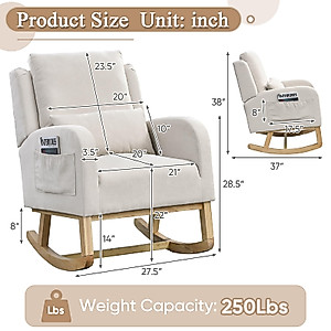 Rocking Glider Chair for Nursery, Wingback Accent Rocker Chair Upholstered Tall Back Arm Chair w/Side Pockets, Modern Leisure Single Sofa for Living Room, Hotel, Bedroom, Baby Room, Beige