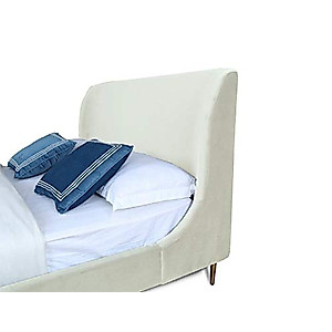 Manhattan Comfort Heather Mid Century Modern Bed Frame with Velvet Upholstered Headboard and Footboard, Queen, Cream