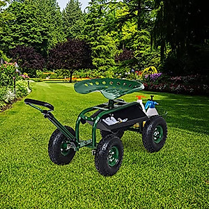 Goplus Garden Cart Gardening Workseat w/Wheels, Patio Wagon Scooter for Planting, Work Seat with Tool Tray and Basket (Length Adjustable Handle)