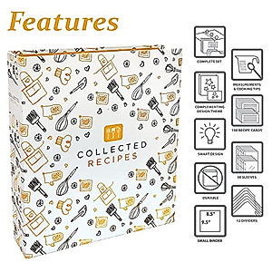 Recipe Binder, 8.5" x 9.5" 3 Ring Binder Organizer Set (with 50 Page Protectors, 100 4" x 6" Recipe Cards & 12 Category Divider Tabs) by Better Kitchen Products, Black & Gold Montage Design