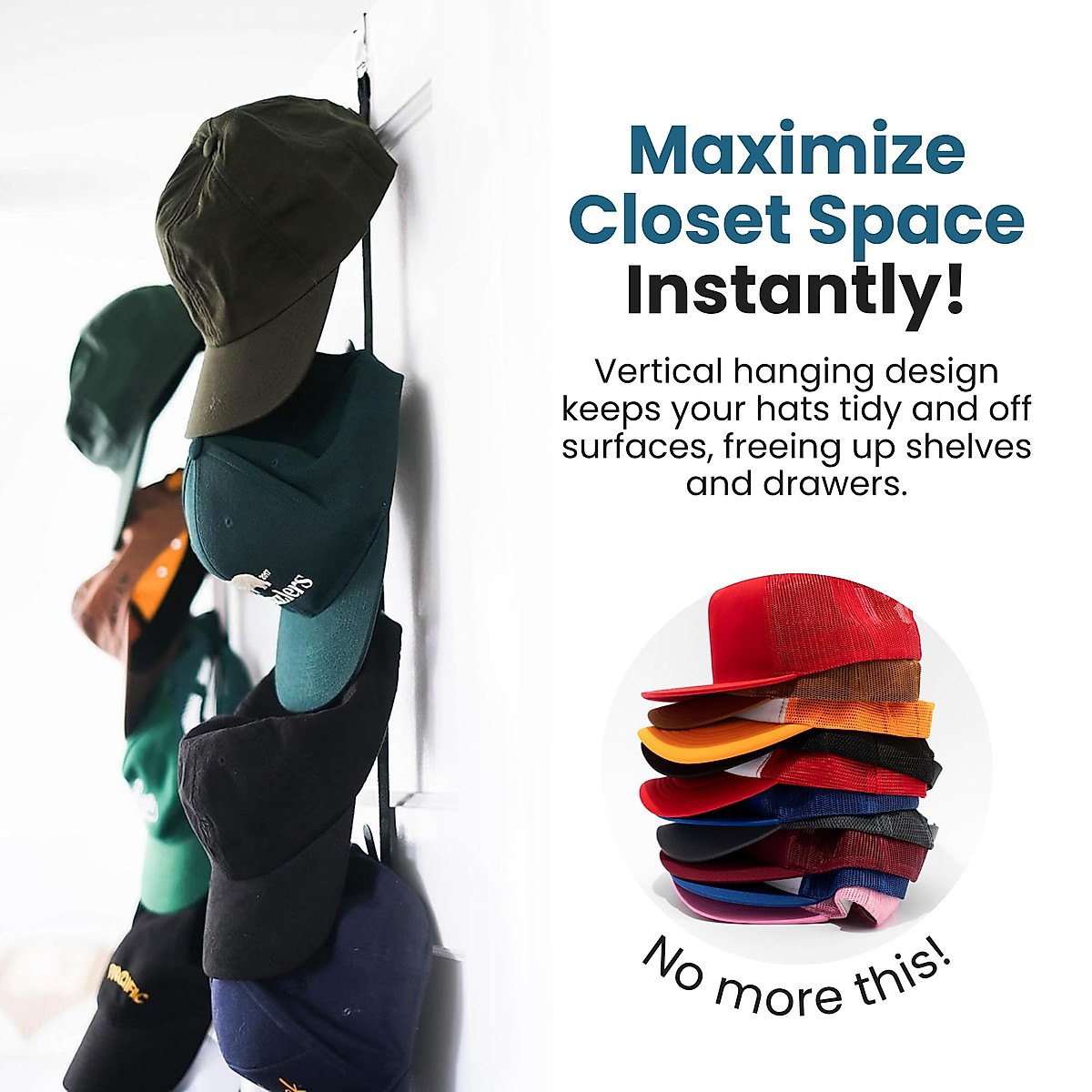 Cap Rack 2 Pack - Holds up to 16 Caps for Baseball / Ball Caps - Best Over Door Closet Organizer for Men, Boy or Women Hat Collections - Display Racks With Clips, Perfect Holder and Storage