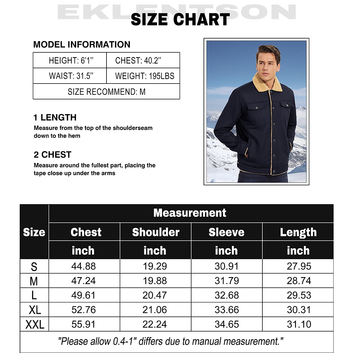 EKLENTSON Mens Jacket Winter Warm Jacket Men Outwear Jacket Windproof Jacket Hiking Jacket Sherpa Lined Jacket Men, Navy, Large