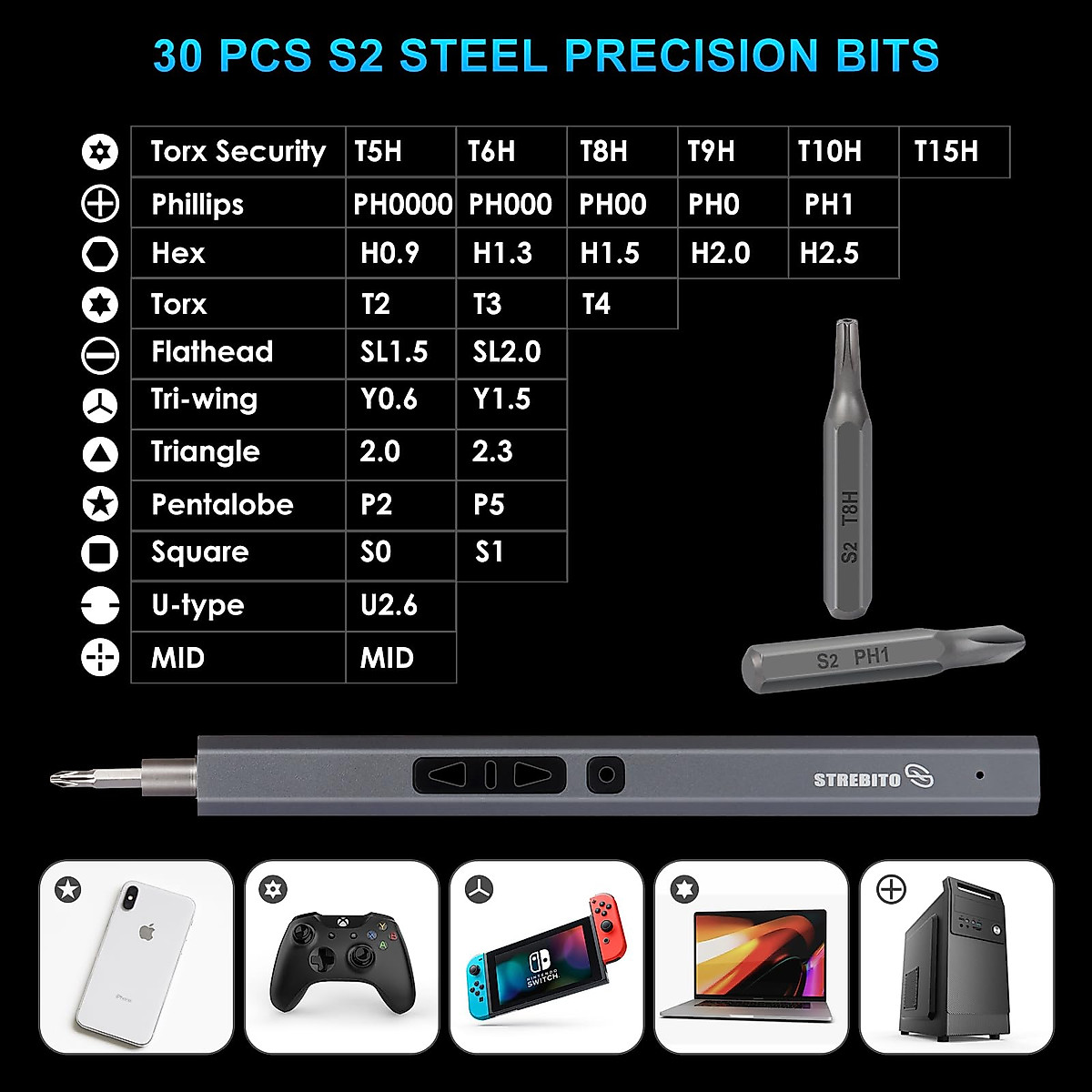 STREBITO Mini Electric Screwdriver Set, 36 in 1 Electric Precision Screwdriver Small Electric Screwdriver Kit, S2 Steel, Rechargeable Battery, 2 Torque Settings, Micro Power Screwdriver Cordless