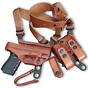 Premium Leather Horizontal Shoulder Holster System with Double Magazine Carrier for Standard Sigg P365 with Out Rail 9mm Micro Compact 3.1''BBL, Right Hand Draw, Brown Color #1329#