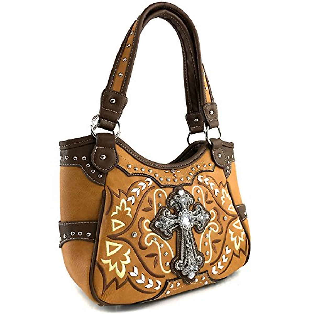 Justin West Western Concealed Carry Bohemian Cross Paisley Weaved Leather Embroidery Flower Leaf Tote | Handbag | Messenger | Trifold Wallet (Tan Tote & Wallet Set)