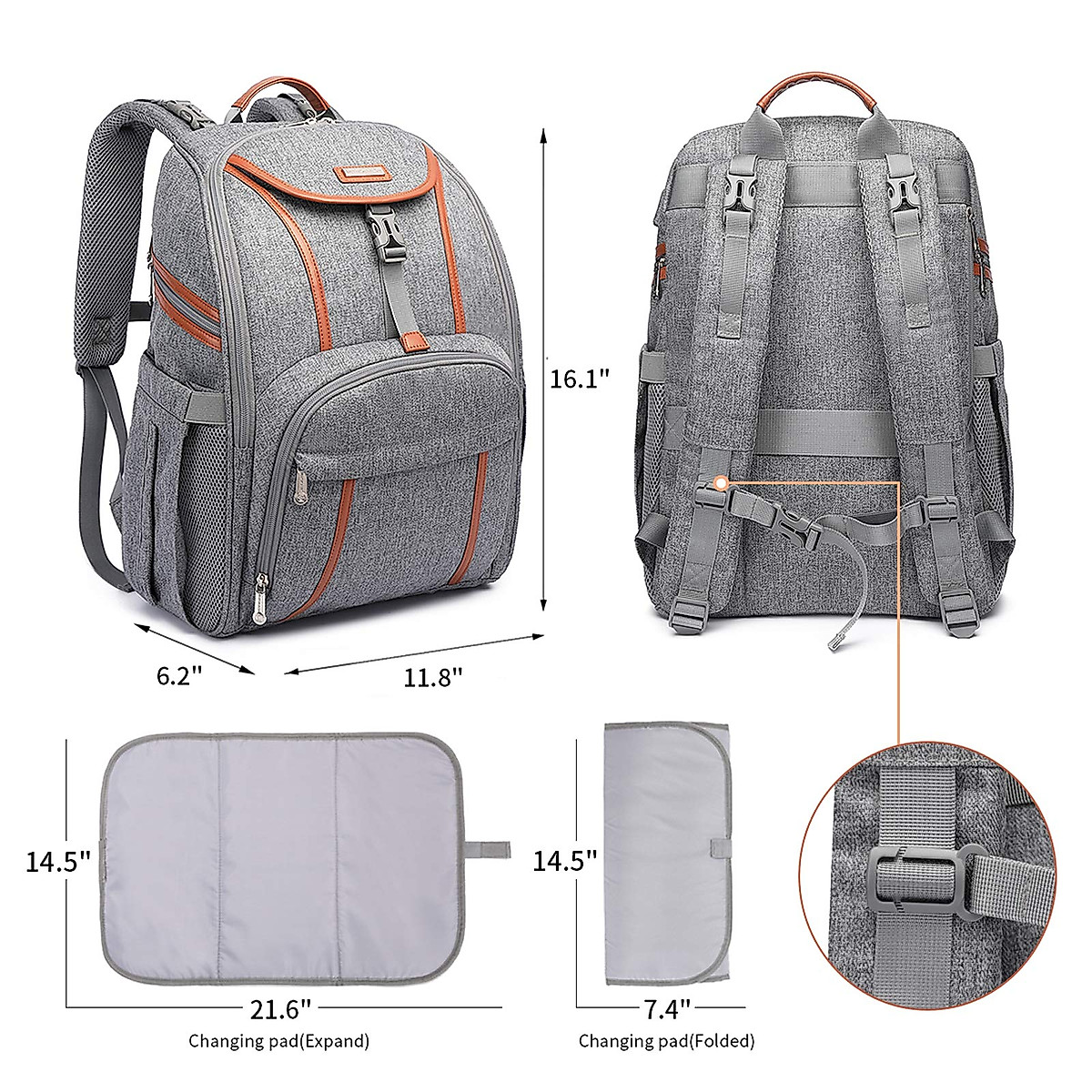 Diaper Bag Backpack, Billiton Diaper Bags for Baby Boy Girl,Baby Bags for Boys Girls,Large Diaper Bag with Changing Station Pad, Multi-Function Waterproof Baby Diaper bag backpack, Grey