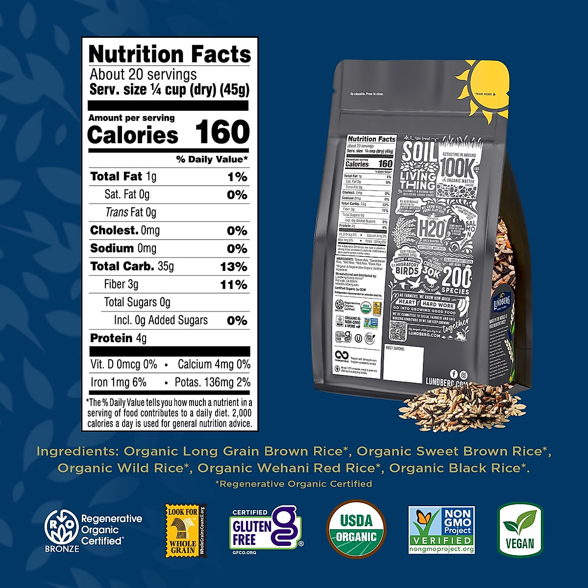 Lundberg Regenerative Organic Certified Wild Blend Rice – Brown, Red & Black Varieties, 32 Oz