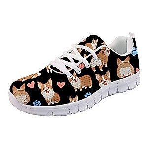 Showudesigns Women's Sneaker Comfortable Outdoor Walking Running Sport Shoes for Teen Girls Corgi Black