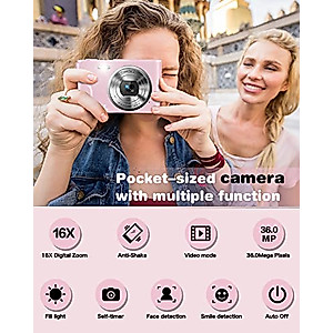 Digital Camera, Lecran Kids Camera FHD 1080P 36.0 Mega Pixels Vlogging Camera with 16X Digital Zoom, LCD Screen, Compact Portable Mini Cameras for Kids, Teens, Students (Pink)
