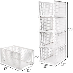 AVLA 4 Pack Stackable Plastic Storage Basket, Plastic Foldable Closet Organizer Storage Bins, Wardrobe Storage Box Clothes Drawer Shelf Container for Cupboard Bedroom Dorm Bathroom Kitchen Office