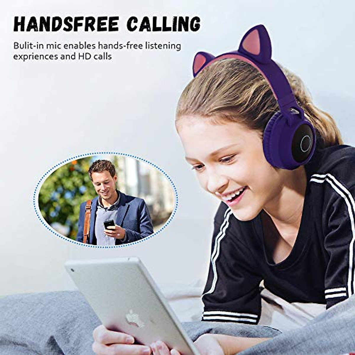 Luckyu Kids Bluetooth 5.0 Cat Ear Headphones Foldable On-Ear Stereo Wireless Headset with Mic LED Light and Volume Control Support FM RadioTF CardAux in Compatible with Smartphones PC Tablet (Red)