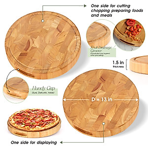 Wood Cutting Board (13in Round - 1.5in Thick) End Grain Cutting Board, Solid Wooden Butcher Block, Chopping Board For Kitchen with Juice Groove & Inner Handles One Size