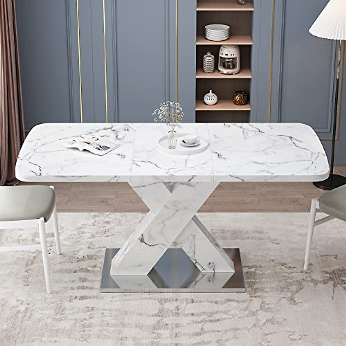 Leavader Modern Square Dining Table - 63" Expandable Dining Table with Marble White Table Top & X-Shaped Leg, Rectangular Dining Table for Home Kitchen Office