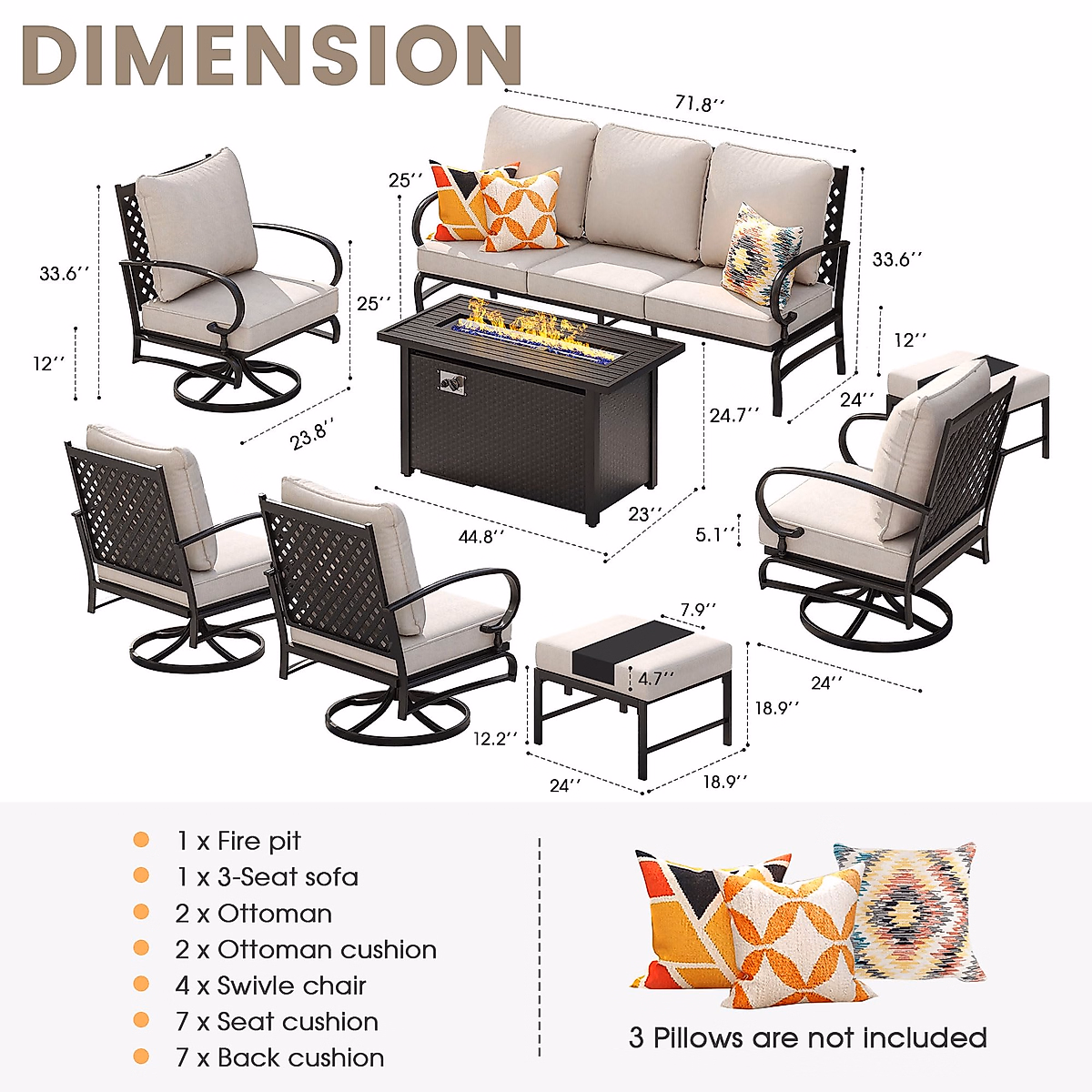 VICLLAX 8 Pieces Patio Furniture Set with 45-inch Firepit,Outdoor Furniture of 3-Seater Sofa, 4 Patio Swivel Chairs and Metal Top Firepit with 2 Ottomans for Backyard Deck and Garden
