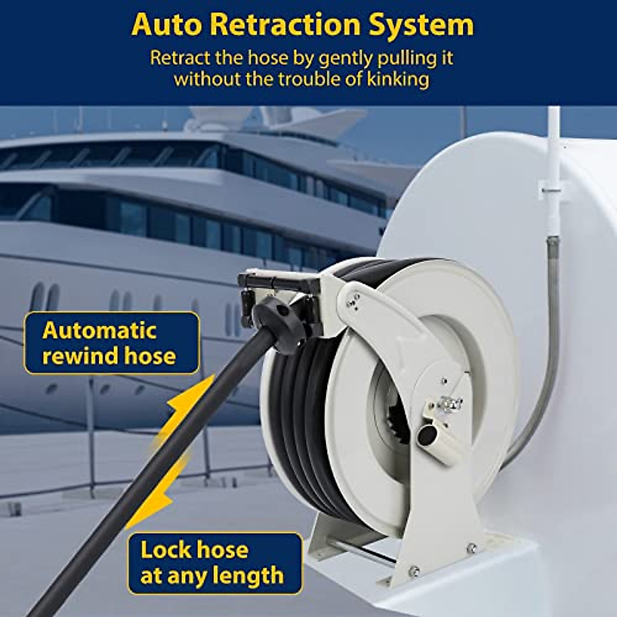 Fuel Hose Reel Retractable with Fueling Nozzle 3/4" x 50' Spring Driven Diesel Hose Reel 300 PSI Industrial Auto Swivel Heavy Duty Steel Construction Reel for Aircraft Ship Vehicle Tank
